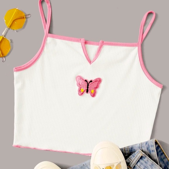 Tops | Butterfly Embroidery Ribbed Cropped Cami Tank | Poshmark